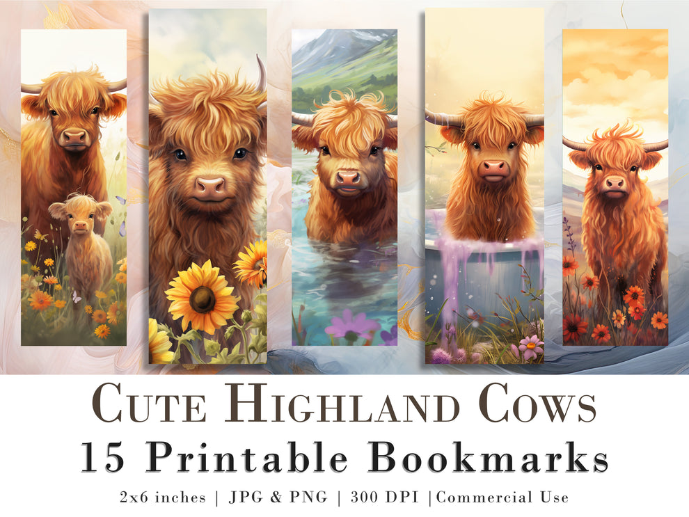 15 Watercolor Highland Cow Printable Bookmarks | Digital Download JPG ...