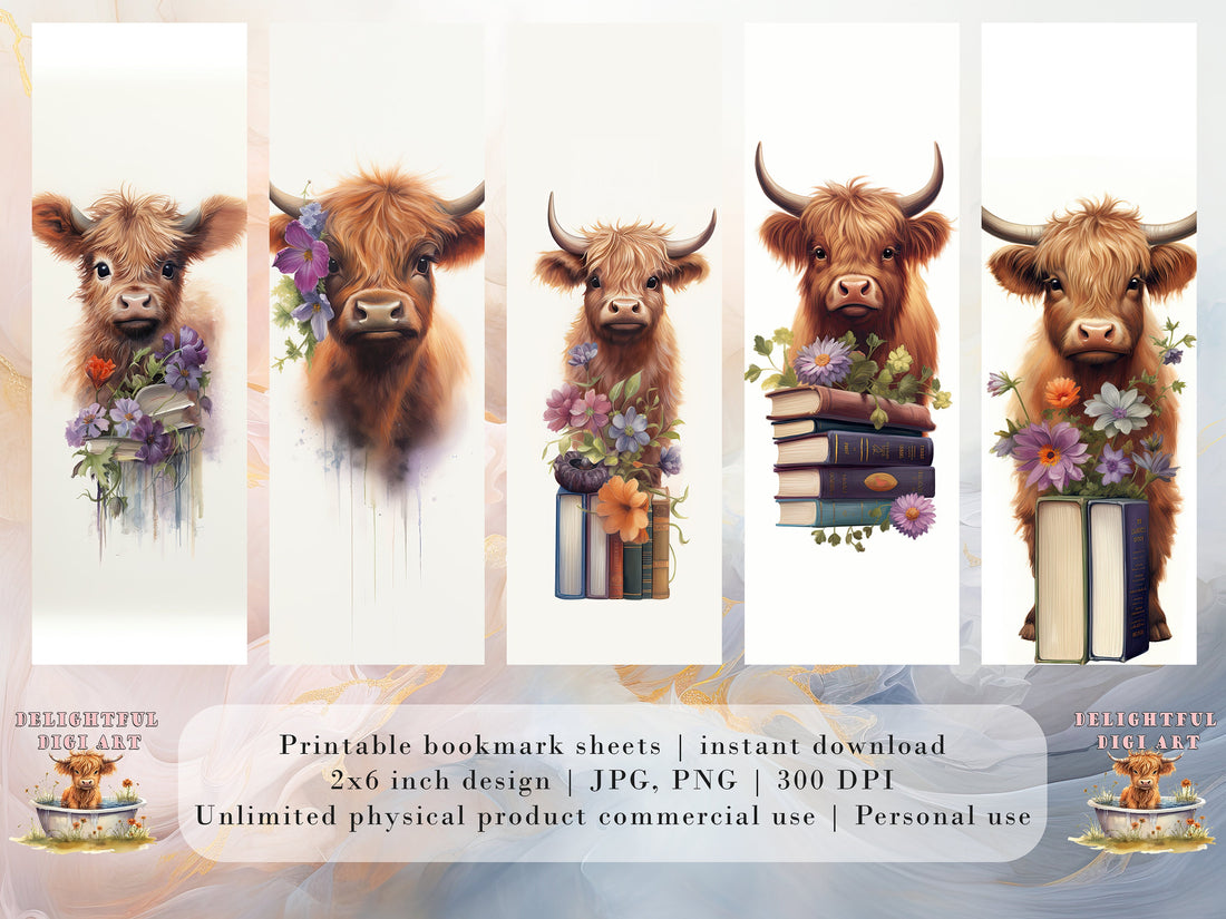10 Watercolor Highland Cow Printable Bookmarks, Bookmark Sheets & subl ...