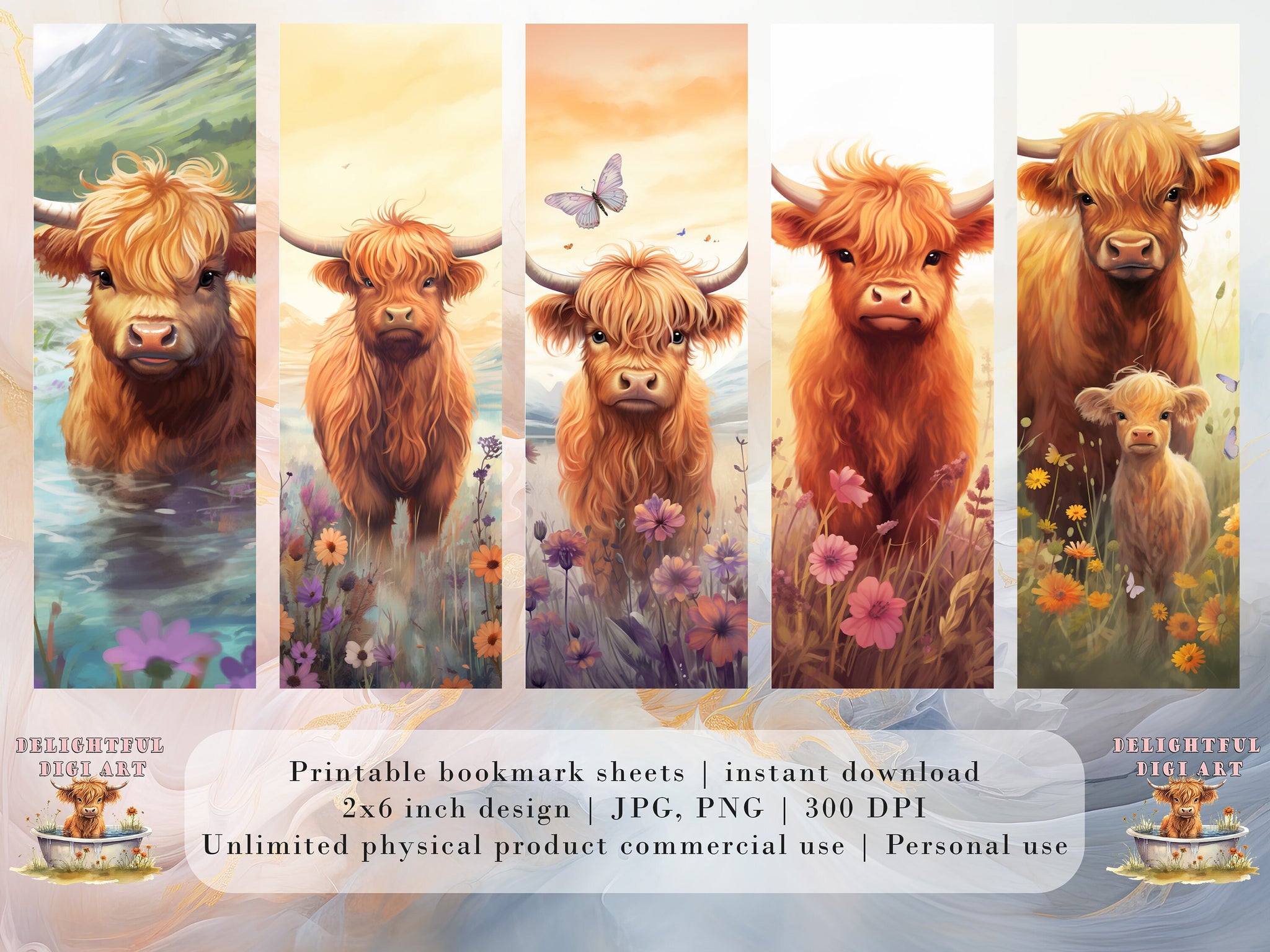 15 Watercolor Highland Cow Printable Bookmarks | Digital Download JPG ...