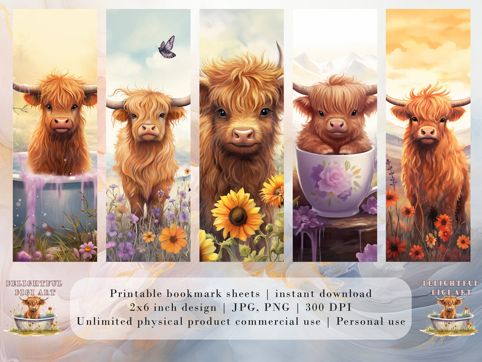 15 Watercolor Highland Cow Printable Bookmarks | Digital Download JPG ...