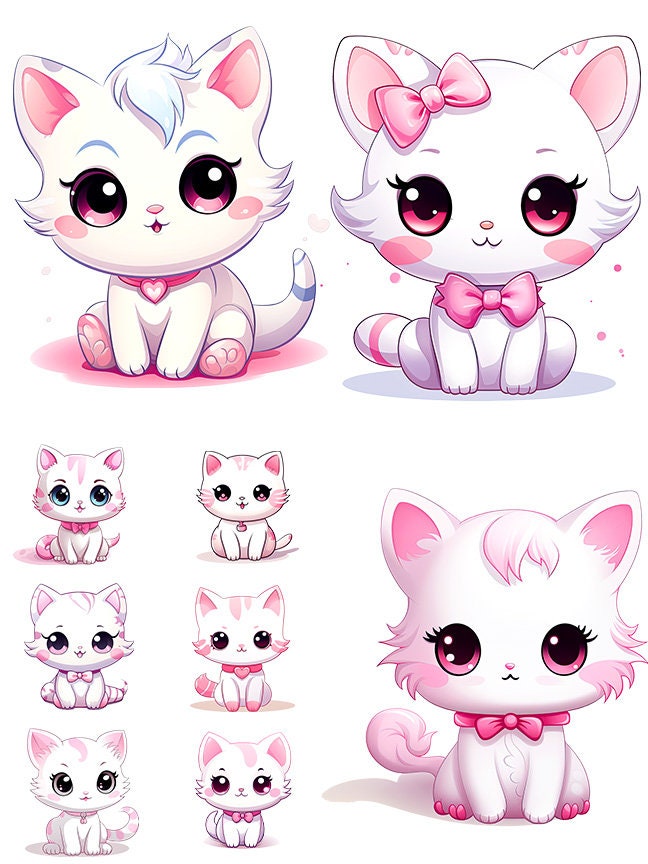Cute Cat Clip Art, Kawaii Cats PNG Bundle, Kitten Art, Commercial Use ...