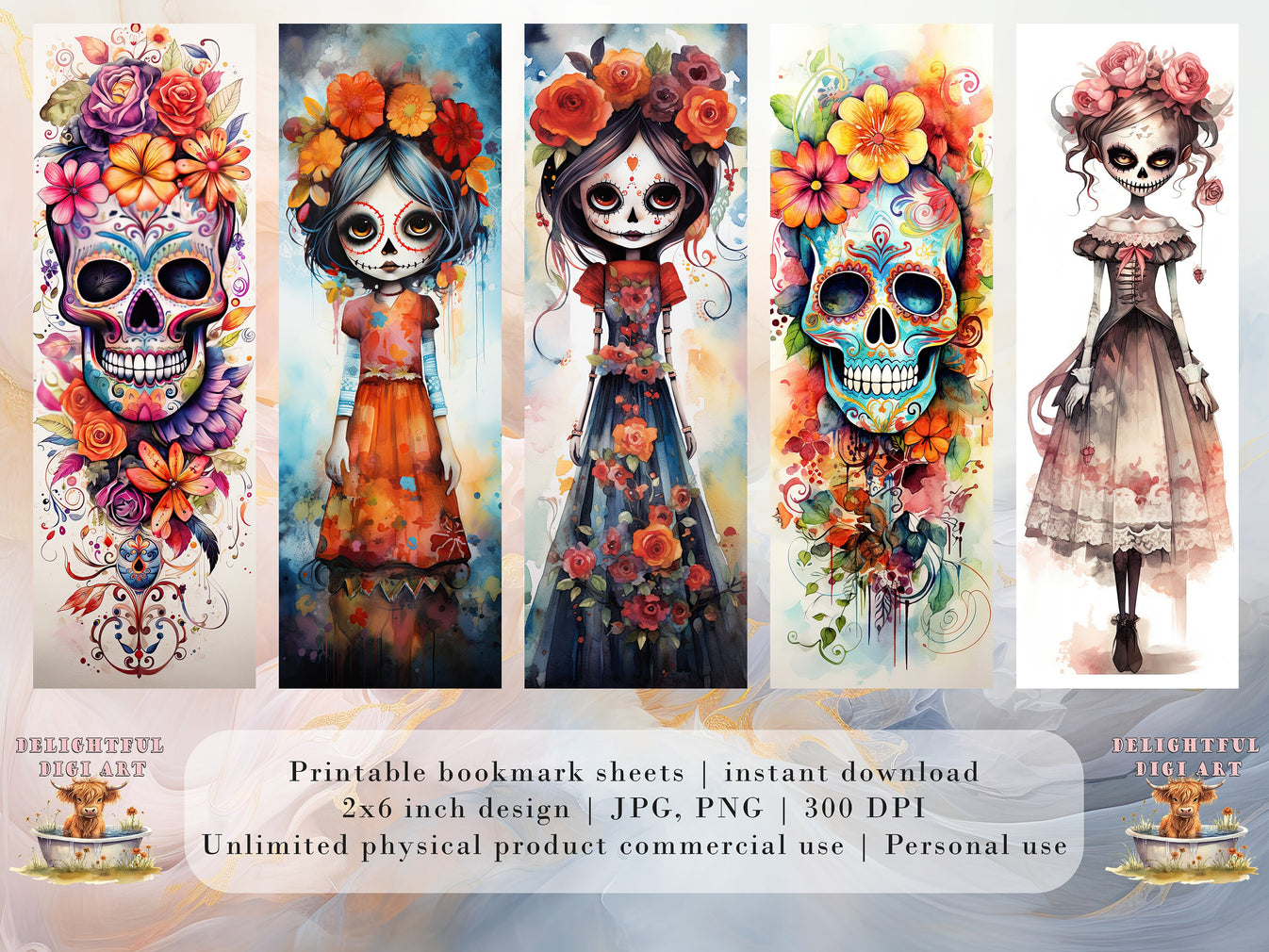 10 Cute Day of the Dead Printable Bookmarks| Digital Download JPG Book ...