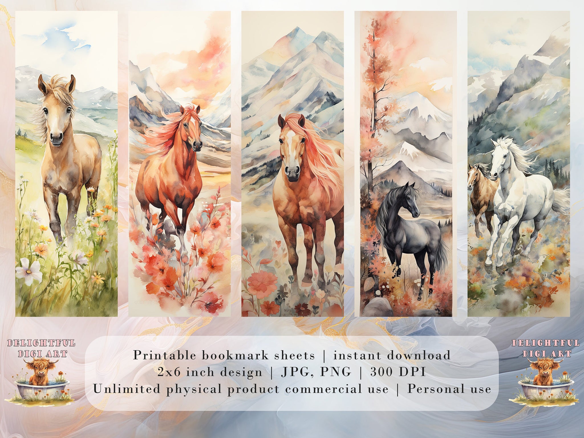 15 Watercolor Horse Printable Bookmarks | Digital Download JPG Bookmar ...