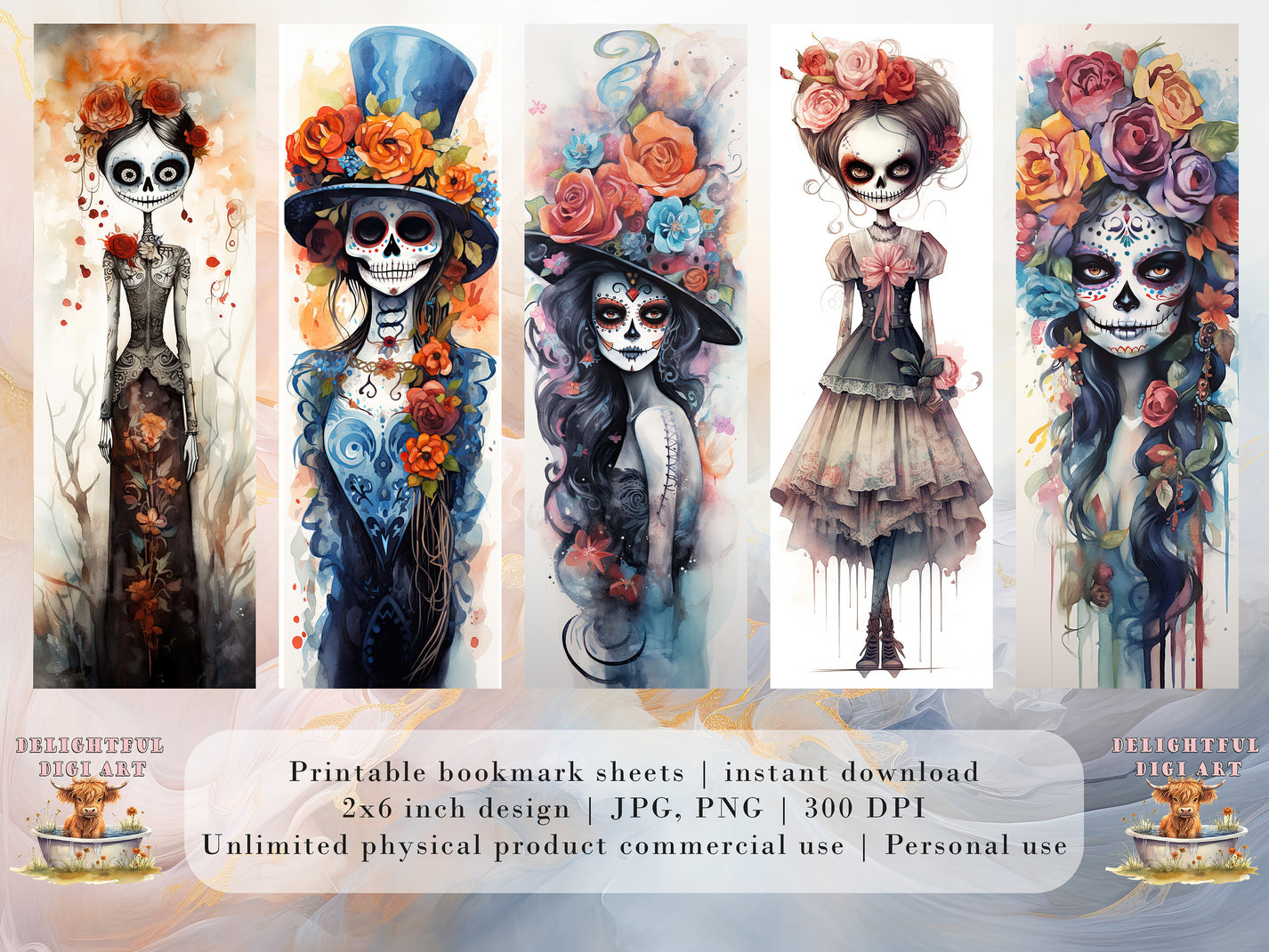 10 Cute Day of the Dead Printable Bookmarks| Digital Download JPG Book ...