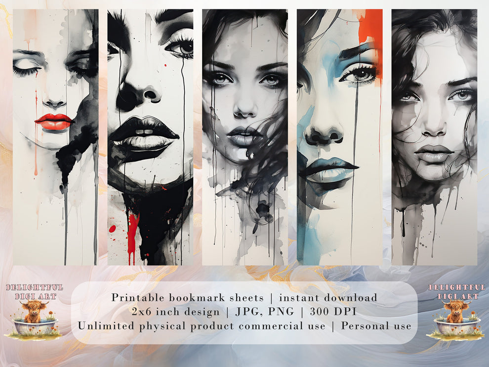 15 Ink Wash Faces Printable Bookmarks | Digital Download JPG Bookmark ...
