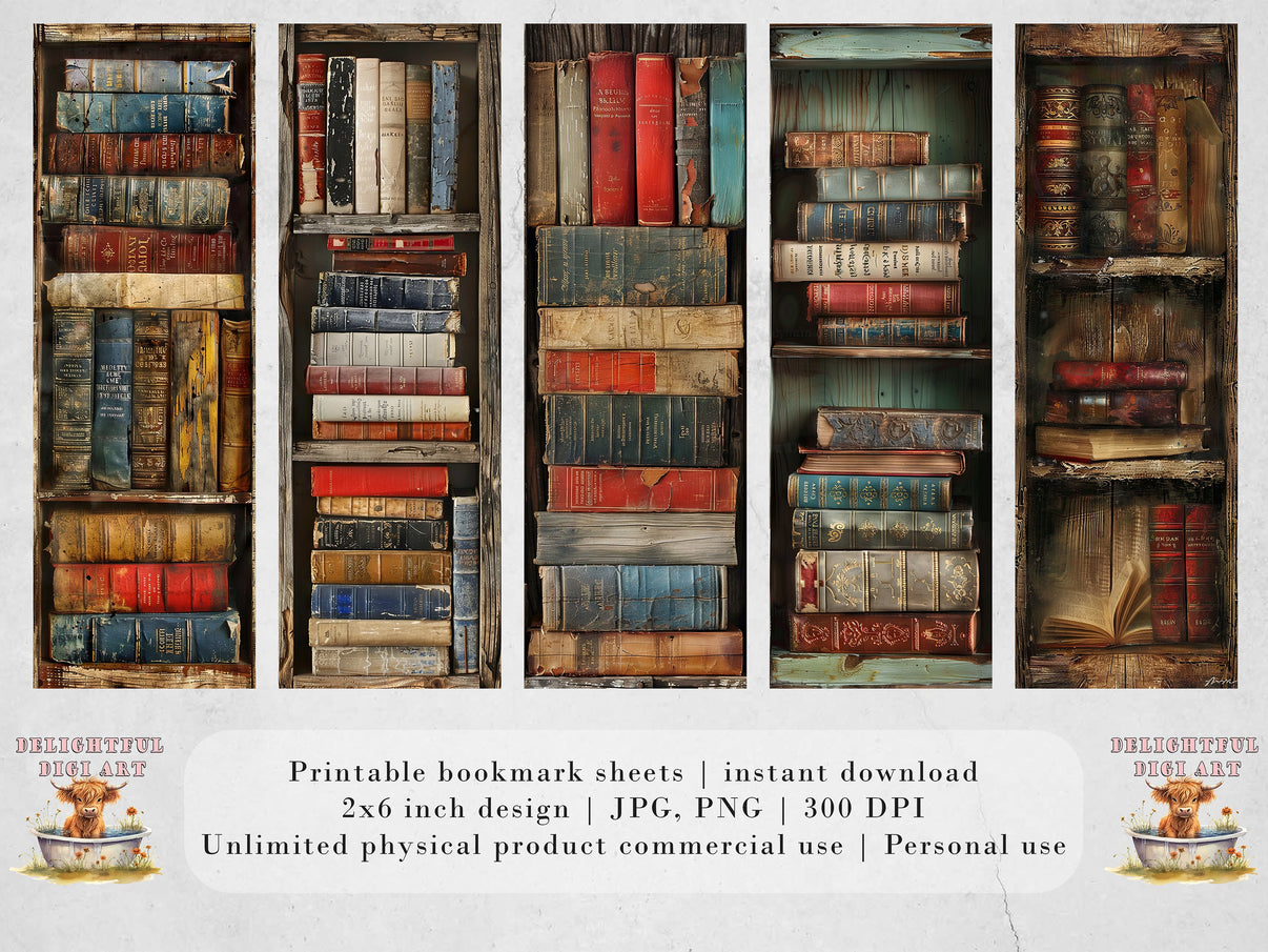 20 Vintage Bookcase Printable Bookmarks | 4 Bookmark Sheets | PNG book ...