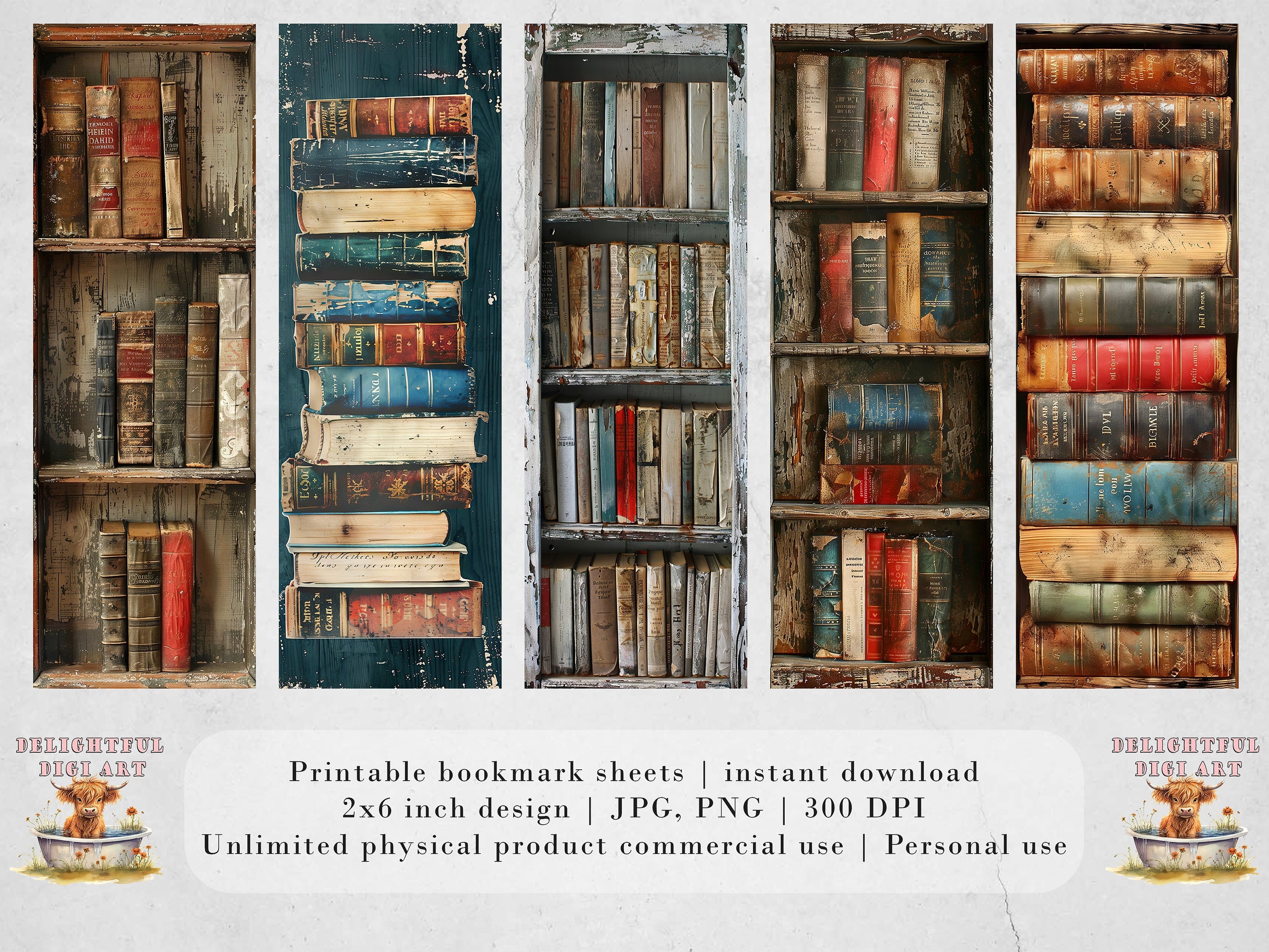 20 Vintage Bookcase Printable Bookmarks | 4 Bookmark Sheets | PNG book ...
