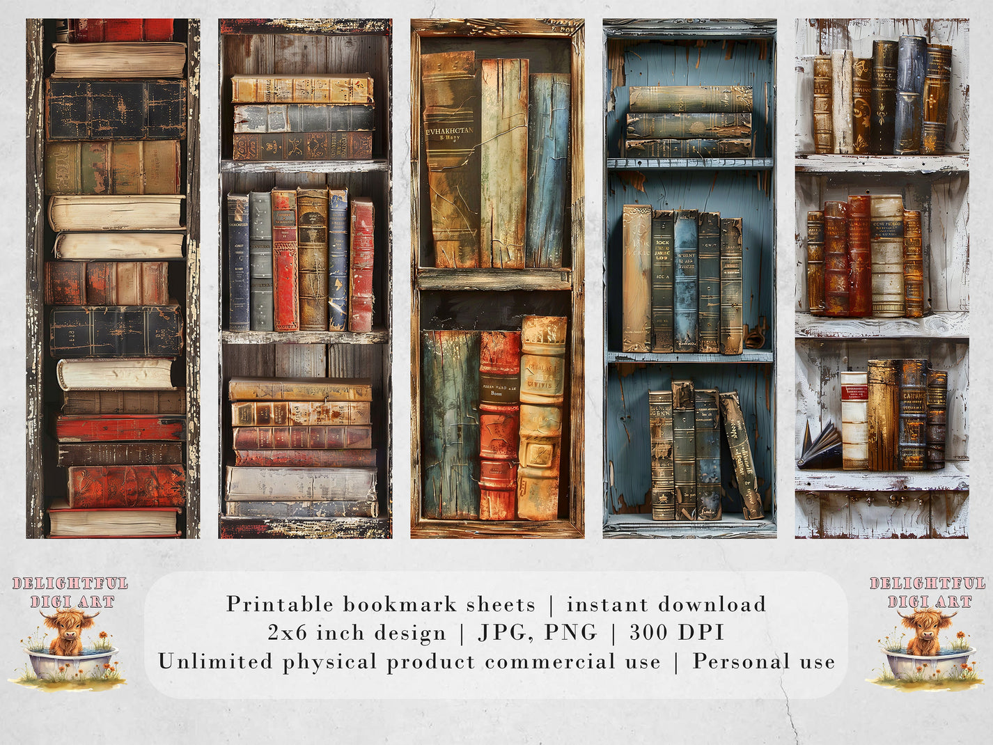 20 Vintage Bookcase Printable Bookmarks | 4 Bookmark Sheets | PNG book ...